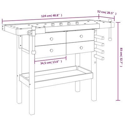 vidaXL Workbench with Drawers and Vices 124x52x83 cm Solid Wood Acacia ...