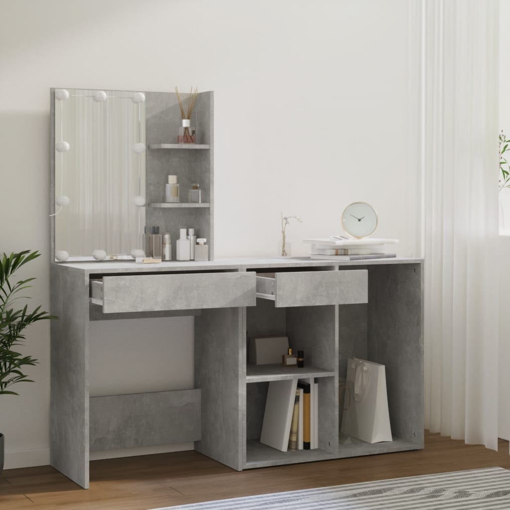 vidaXL LED Dressing Table with Cabinet Concrete Grey Engineered Wood ...