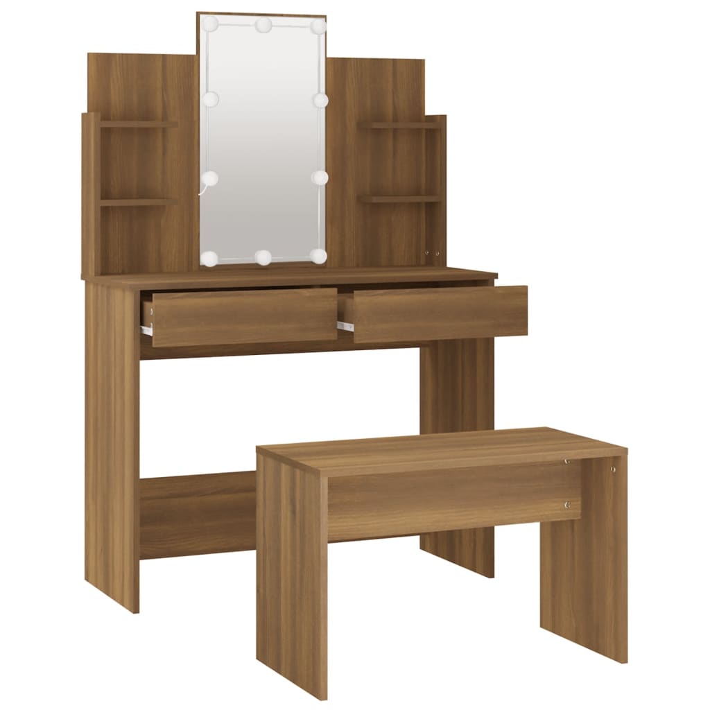 vidaXL Dressing Table Set with LED Brown Oak Engineered Wood | vidaXL.ie