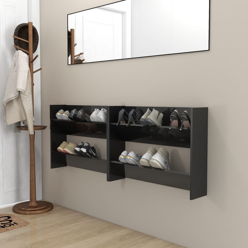 vidaXL Wall Shoe Cabinets 2 pcs High Gloss Black 80x18x60 cm Engineered ...
