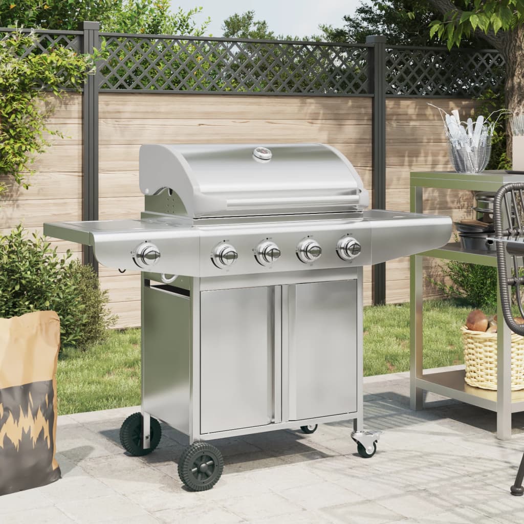 vidaXL Gas BBQ Grill with 5 Burners Silver Stainless Steel | vidaXL.ie