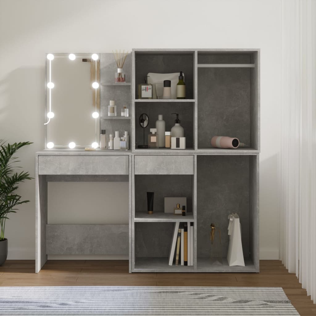 vidaXL LED Dressing Table with 2 Cabinets Concrete Grey Engineered Wood ...